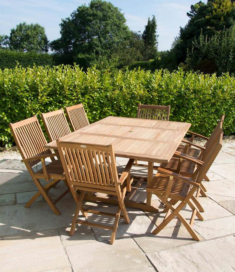 1m x 1.8m - 2.4m Teak Rectangular Extending Table with 8 Kiffa Folding ...
